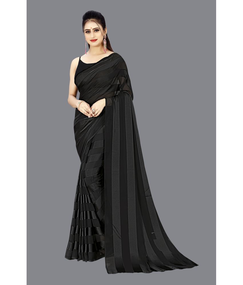 Black Satin Saree Without Blouse Piece - Roba