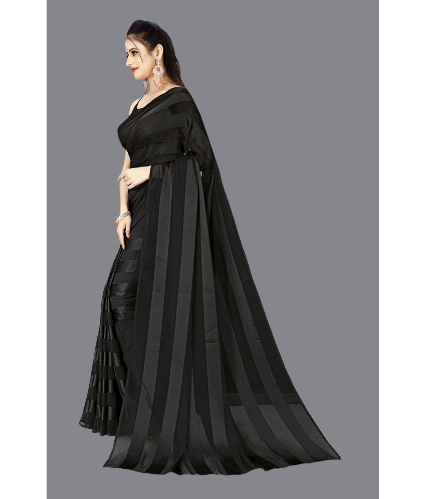 Black Satin Saree Without Blouse Piece - Roba